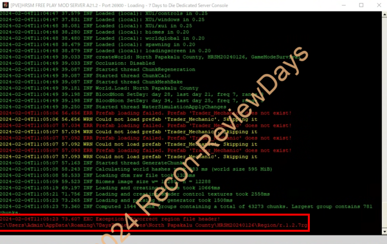 7 Days to Die Alpha 21.2でも「EXC Exception: Incorrect region file header ...